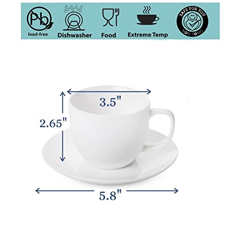 BTaT- Tea Cups and Saucers, Set of 6 (8 oz), Cappuccino Cups, Coffee Cups, White Tea Cup Set, British Coffee Cups, Porcelain Tea Set, Latte Cups, Espresso Mug, White Cups