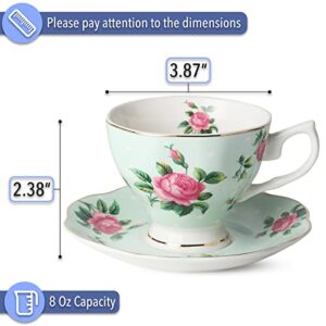 BTaT- Floral Tea Cups and Saucers, Set of 8 (8 oz) Multi-Color with Gold Trim and Gift Box, Coffee Cups, Floral Tea Cup Set, British Tea Cups, Porcelain Tea Set, Latte Cups