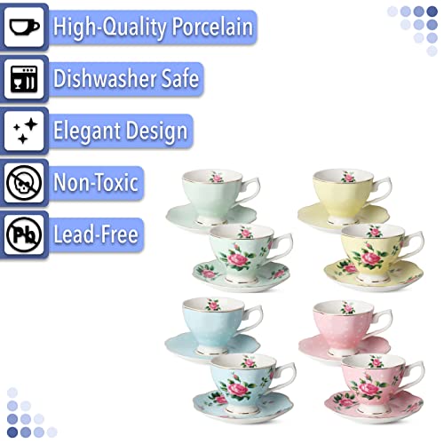 BTaT- Floral Tea Cups and Saucers, Set of 8 (8 oz) Multi-Color with Gold Trim and Gift Box, Coffee Cups, Floral Tea Cup Set, British Tea Cups, Porcelain Tea Set, Latte Cups