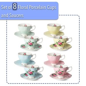 BTaT- Floral Tea Cups and Saucers, Set of 8 (8 oz) Multi-Color with Gold Trim and Gift Box, Coffee Cups, Floral Tea Cup Set, British Tea Cups, Porcelain Tea Set, Latte Cups