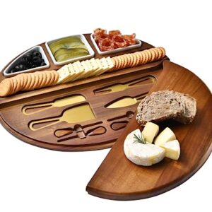 Shanik Upgraded Cheese Cutting Board Set, Acacia Wood Charcuterie Board Set, Cheese Serving Platter, Cheese Board and Utensil Set, 3 Knives, Ceramic Bowls - Gift for Any Occasion