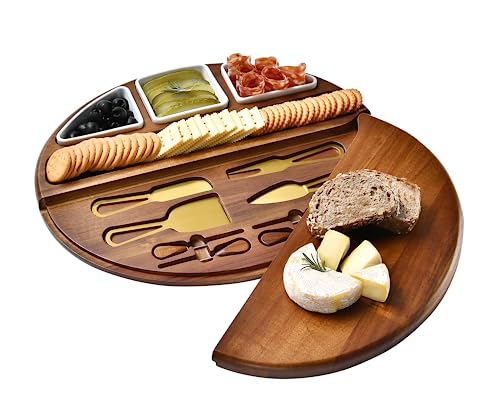 Shanik Upgraded Cheese Cutting Board Set, Acacia Wood Charcuterie Board Set, Cheese Serving Platter, Cheese Board and Utensil Set, 3 Knives, Ceramic Bowls - Gift for Any Occasion