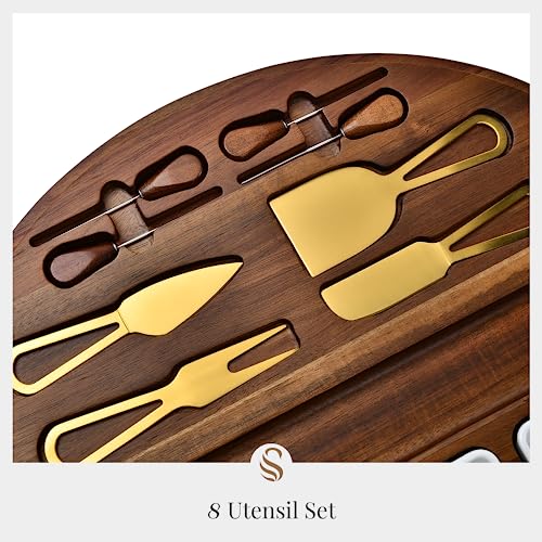 Shanik Upgraded Cheese Cutting Board Set, Acacia Wood Charcuterie Board Set, Cheese Serving Platter, Cheese Board and Utensil Set, 3 Knives, Ceramic Bowls - Gift for Any Occasion