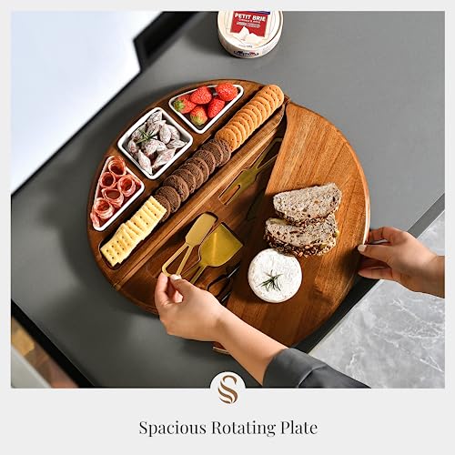 Shanik Upgraded Cheese Cutting Board Set, Acacia Wood Charcuterie Board Set, Cheese Serving Platter, Cheese Board and Utensil Set, 3 Knives, Ceramic Bowls - Gift for Any Occasion