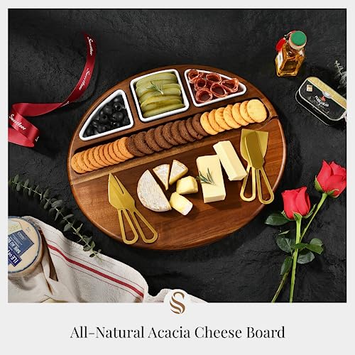 Shanik Upgraded Cheese Cutting Board Set, Acacia Wood Charcuterie Board Set, Cheese Serving Platter, Cheese Board and Utensil Set, 3 Knives, Ceramic Bowls - Gift for Any Occasion