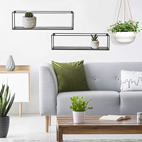 WHW Whole House Worlds Industrial Chic Rectangle Floating Shelves, 2 Wall Mounted Pieces, Black Iron, Various Sizes