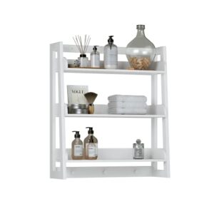 utex 3 tier bathroom shelf wall mounted with towel hooks, bathroom organizer shelf over the toilet (white)