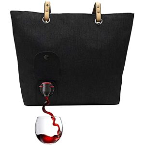 portovino city tote bag - canvas wine purse with hidden spout and dispenser flask for wine lovers that holds and pours 2 bottles of wine! perfect for traveling, concerts, bachelorette party - black