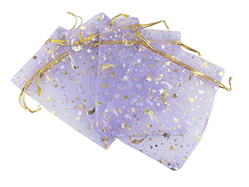 QIANHAILIZZ 100 Moon Star Organza Jewelry Gift Pouch Candy Pouch Drawstring Wedding Favor Bags (Lilac, 3.5 x 4.7 inch)