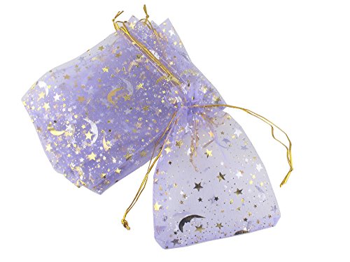 QIANHAILIZZ 100 Moon Star Organza Jewelry Gift Pouch Candy Pouch Drawstring Wedding Favor Bags (Lilac, 3.5 x 4.7 inch)