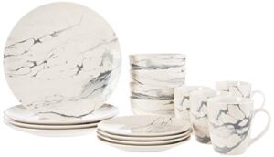 american atelier round dinnerware sets | white & gray kitchen plates, bowls, and mugs | 16 piece stoneware marble collection 10.5 x 10.5 | dishwasher & microwave safe | service for 4