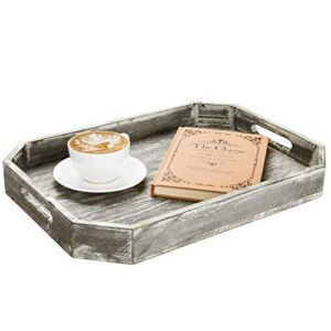 MyGift Gray Wood Serving Tray with Handles - Rustic Farmhouse Decor Breakfast, Ottoman, Coffee Table Decorative Tray with Angled Edges