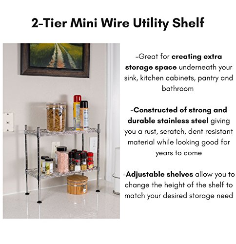 Internet's Best 2-Tier Mini Wire Utility Shelving - Chrome - Small Shelf - Adjustable Rack Unit - Kitchen Bathroom Pantry Laundry Storage - Under The Sink Organization - Organize Your Cabinets