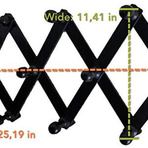 Jacq & Jürgen Expandable 10 Peg Wall Mount Storage Rack 100% Wooden & Black Color