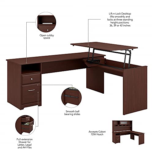 Bush Furniture Cabot 72W 3 Position L Shaped Sit to Stand Desk in Harvest Cherry