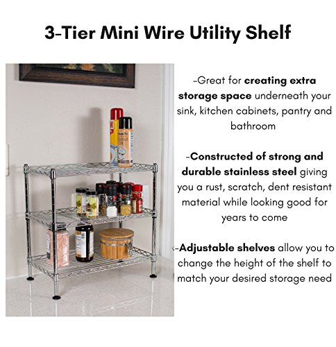 Internet's Best 3-Tier Mini Wire Utility Shelving - Chrome - Shelf - Adjustable Rack Unit - Kitchen Bathroom Pantry Laundry Storage - Under The Sink Organization - Organize Your Cabinets - SPI