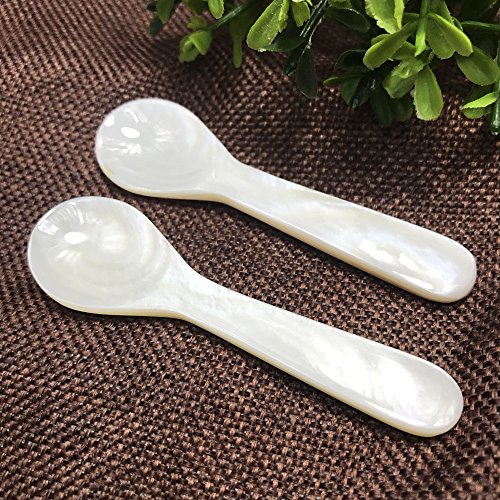 Dohuge 3.7 inch Mother of Pearl MOP Caviar Spoon W Round Handle, 2 pack, White