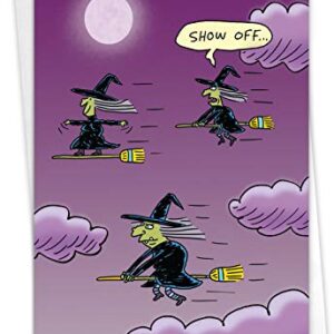 NobleWorks - Happy Halloween Card Funny - Fun Cartoon Humor, Spooky Greeting Notecard with Envelope - Surfing Witch C6247HWG