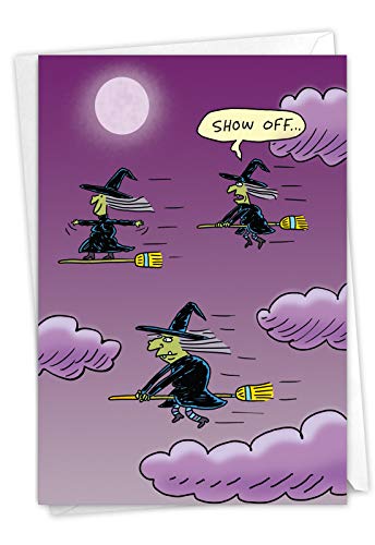 NobleWorks - Happy Halloween Card Funny - Fun Cartoon Humor, Spooky Greeting Notecard with Envelope - Surfing Witch C6247HWG