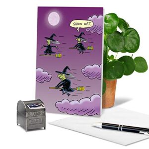 NobleWorks - Happy Halloween Card Funny - Fun Cartoon Humor, Spooky Greeting Notecard with Envelope - Surfing Witch C6247HWG