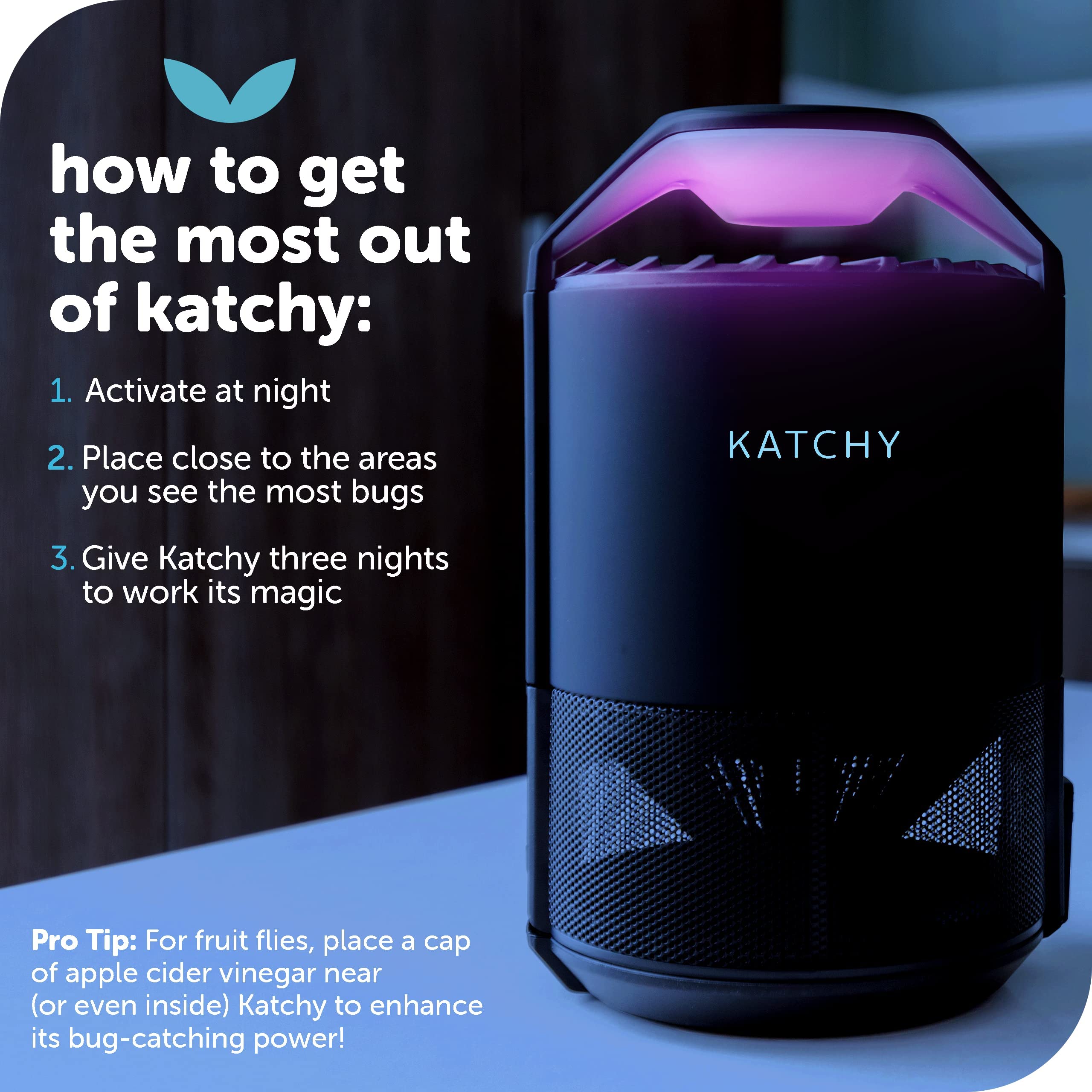 Katchy Indoor Insect Trap - Catcher & Killer for Mosquitos, Gnats, Moths, Fruit Flies - Non-Zapper Traps for Inside Your Home - Catch Insects Indoors with Suction, Bug Light & Sticky Glue (Black)