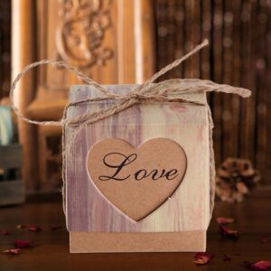 VGoodall 100PCS Wedding Favor Candy Boxes, 2x2x2 Inches Mini Cube Brown Candy Gift Boxes with Heart Burlap Jute Twine for Guests Bridal Baby Shower Birthday Party Decorations