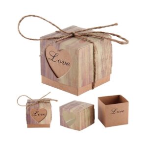 VGoodall 100PCS Wedding Favor Candy Boxes, 2x2x2 Inches Mini Cube Brown Candy Gift Boxes with Heart Burlap Jute Twine for Guests Bridal Baby Shower Birthday Party Decorations