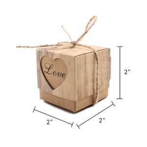 VGoodall 100PCS Wedding Favor Candy Boxes, 2x2x2 Inches Mini Cube Brown Candy Gift Boxes with Heart Burlap Jute Twine for Guests Bridal Baby Shower Birthday Party Decorations