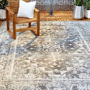 nicole miller new york patio sofia ivy transitional distressed indoor/outdoor area rug, grey/aqua, 5'2"x7'2"