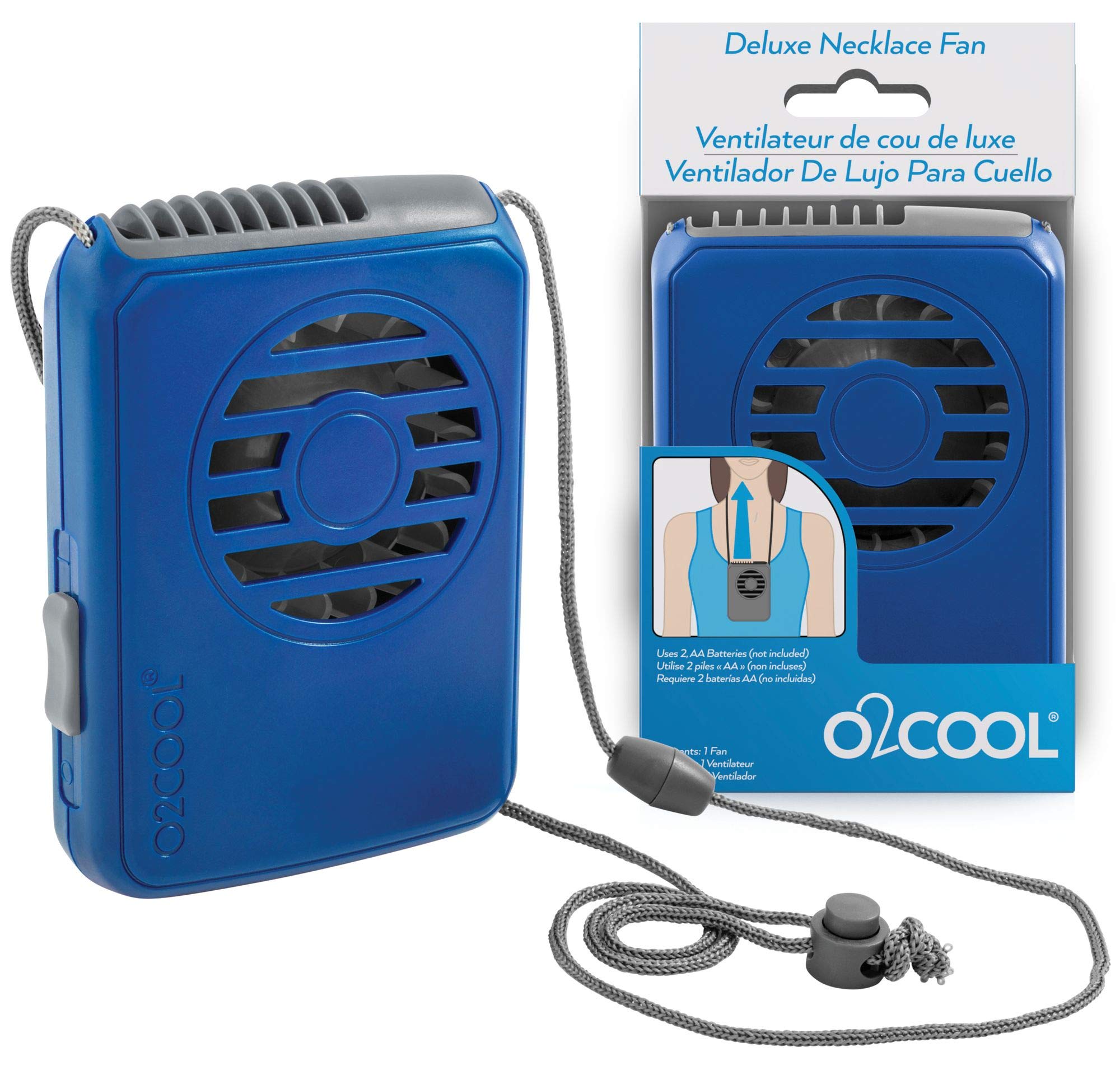 O2COOL Battery Powered Deluxe Necklace Fan For Personal Cooling With Adjustable Lanyard (Blue) 2 Pack