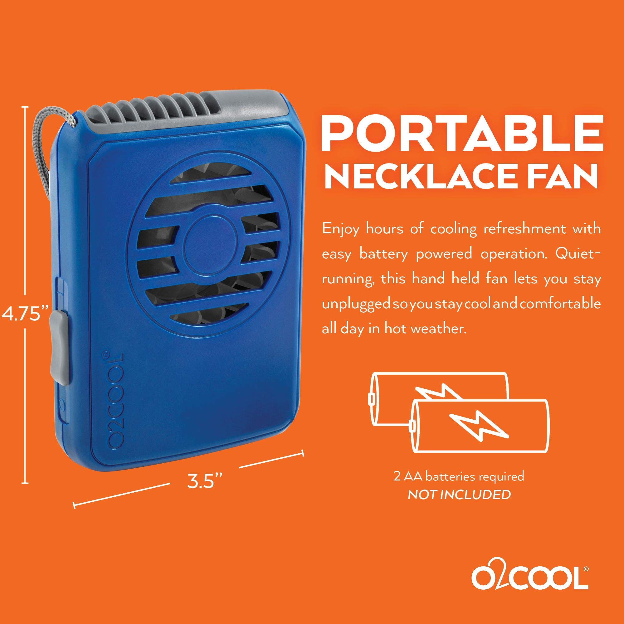 O2COOL Battery Powered Deluxe Necklace Fan For Personal Cooling With Adjustable Lanyard (Blue) 2 Pack