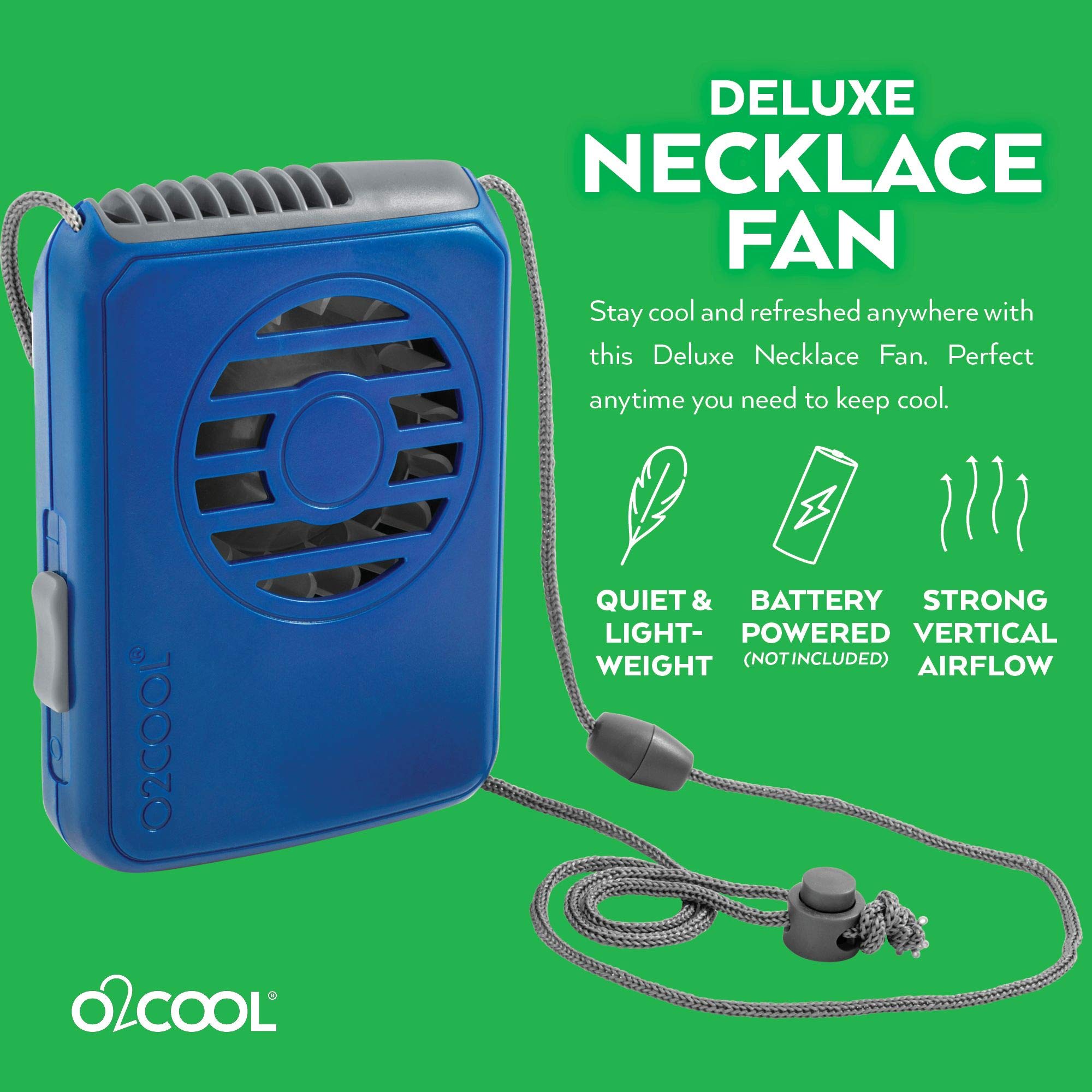 O2COOL Battery Powered Deluxe Necklace Fan For Personal Cooling With Adjustable Lanyard (Blue) 2 Pack