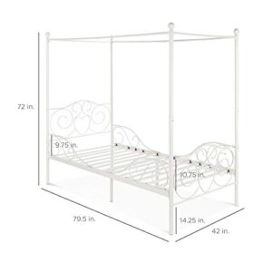 Best Choice Products 4-Post Metal Canopy Twin Bed Frame for Kids Bedroom, Guest Room w/Heart Scroll Design, 14-Slat Support System, Headboard, Footboard - White