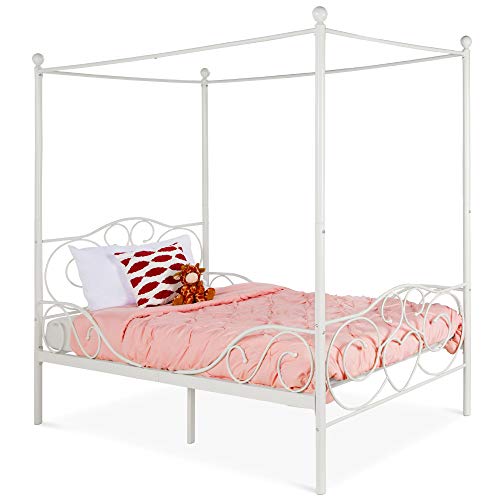 Best Choice Products 4-Post Metal Canopy Twin Bed Frame for Kids Bedroom, Guest Room w/Heart Scroll Design, 14-Slat Support System, Headboard, Footboard - White