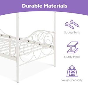 Best Choice Products 4-Post Metal Canopy Twin Bed Frame for Kids Bedroom, Guest Room w/Heart Scroll Design, 14-Slat Support System, Headboard, Footboard - White