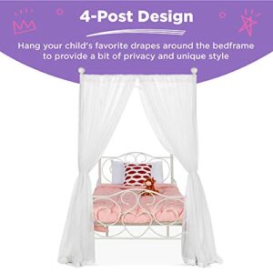 Best Choice Products 4-Post Metal Canopy Twin Bed Frame for Kids Bedroom, Guest Room w/Heart Scroll Design, 14-Slat Support System, Headboard, Footboard - White