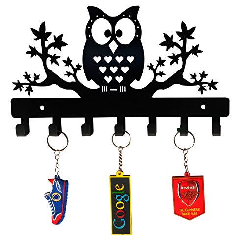 HeavenlyKraft Owl on Maple Trees Steel Key Holder, Steel Key Rack, Metal Key Cabinet, Owl Key Hanger, Medal Hanger, Leash Hanger, 10.6 X 6.15 X 0.8 INCH