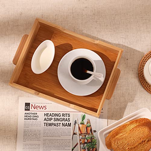 Bamboo Small Tray with Handles, Rectangle Serving Tray for Food Coffee or Tea at Home, Hotel & Restaurant by HTB