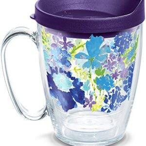 Tervis Plastic Made in USA Double Walled Fiesta Insulated Tumbler Cup Keeps Drinks Cold & Hot, 16oz Mug - Purple Lid, Purple Floral