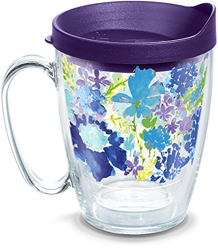 Tervis Plastic Made in USA Double Walled Fiesta Insulated Tumbler Cup Keeps Drinks Cold & Hot, 16oz Mug - Purple Lid, Purple Floral