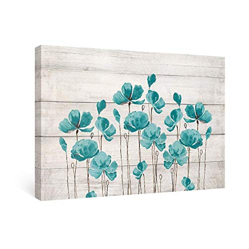 SUMGAR Canvas Wall Art Bedroom Rustic Blue Flower Pictures Farmhouse Decor Teal Floral Paintings Turquoise Framed Artwork Grey Prints Gray Bathroom Decorations Mom Gifts,16x24 inch