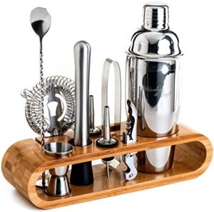 mixology bartender kit: 10-piece bar tool set with bamboo stand | perfect home bartending kit and martini cocktail shaker set for a perfect drink mixing experience | fun housewarming gift (silver)