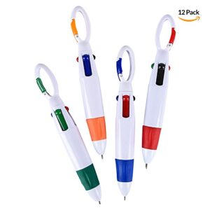 Retractable Shuttle Pens with Carabiner Clip - Pack of 12 Bulk Mini 4-in-1 Multi-Colored Ink Ballpoint Pens with Keychain for Adults, Kids, Nurses, School, Stocking Stuffer Gifts, Party Favors