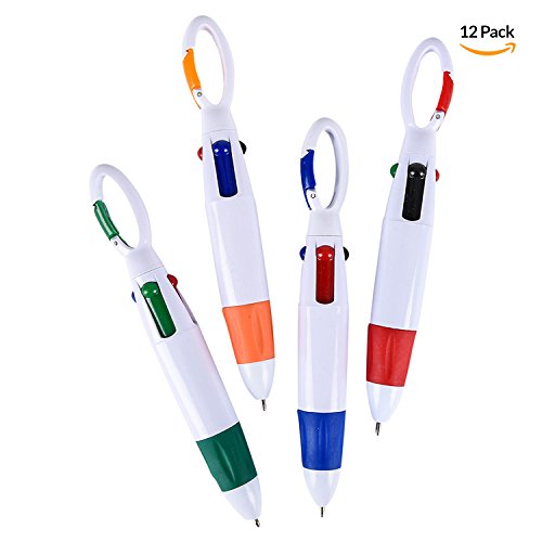 Retractable Shuttle Pens with Carabiner Clip - Pack of 12 Bulk Mini 4-in-1 Multi-Colored Ink Ballpoint Pens with Keychain for Adults, Kids, Nurses, School, Stocking Stuffer Gifts, Party Favors