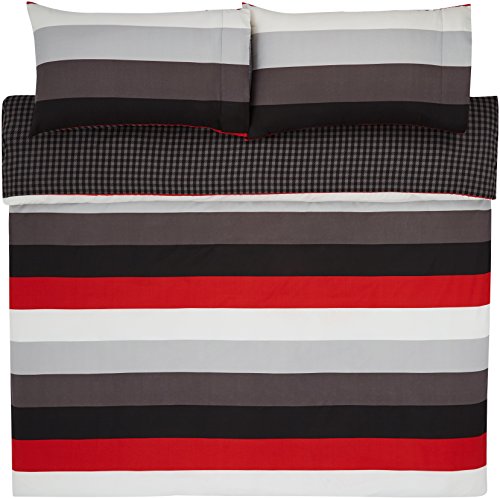 Amazon Basics Microfiber 3 Piece Duvet Cover Set, Red Simple Stripe, Striped, 200 x 200cm/50 x 80cm x 2