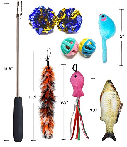 Cat Toys Set, Cat Retractable Teaser Wand, Catnip Fish, Interactive Cat Feather Toy, Mylar Crincle Balls, Two Cotton Mice, Four Fluffy Mouse