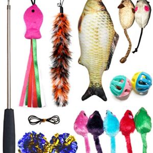 Cat Toys Set, Cat Retractable Teaser Wand, Catnip Fish, Interactive Cat Feather Toy, Mylar Crincle Balls, Two Cotton Mice, Four Fluffy Mouse