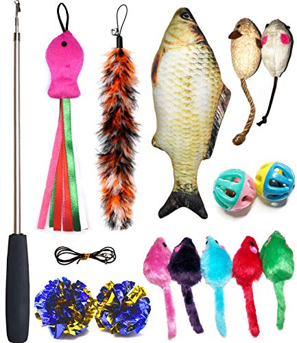 Cat Toys Set, Cat Retractable Teaser Wand, Catnip Fish, Interactive Cat Feather Toy, Mylar Crincle Balls, Two Cotton Mice, Four Fluffy Mouse