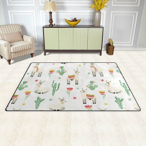 WellLee Area Rug,Lovely Alpaca in Cactus Flowers Llama Floor Rug Non-Slip Doormat for Living Dining Dorm Room Bedroom Decor 31x20 Inch