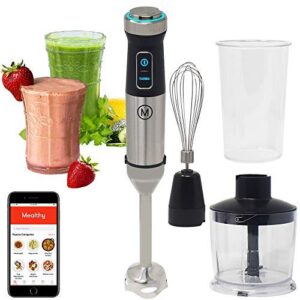 mealthy immersion hand blender: 500 watt, 10 speed controls plus turbo, includes 500ml chopper and whisk, and 600ml smoothie cup. stainless steel & bpa-free; instant access to recipe app with videos